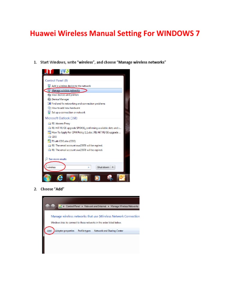 Huawei Wireless Manual Setting For WINDOWS 7: 1. Start Windows, Write ...