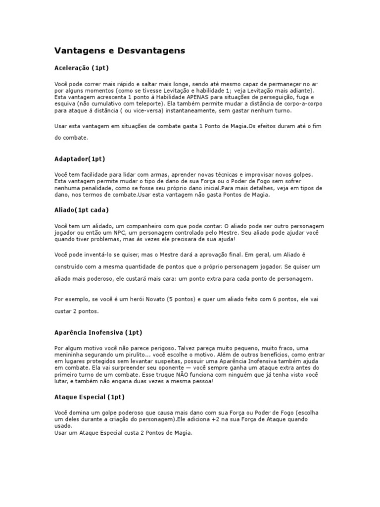 Vantagens e Desvantagens | PDF | Humano | Jogos de RPG