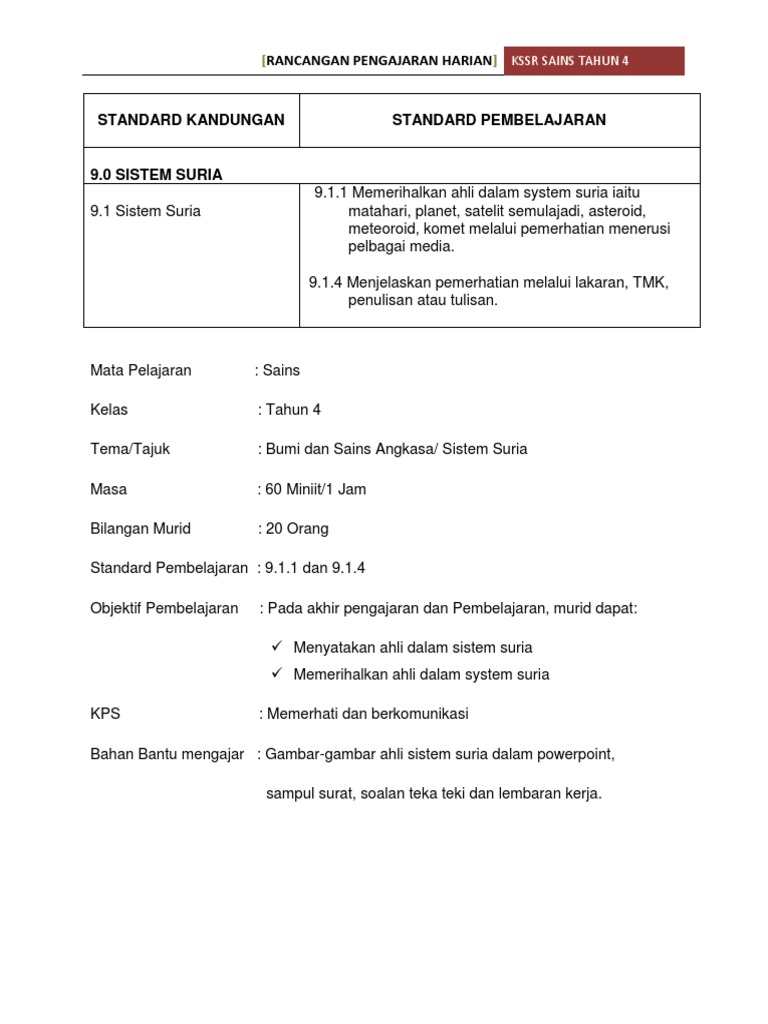 RPH KSSR Sains Tahun 4 | PDF