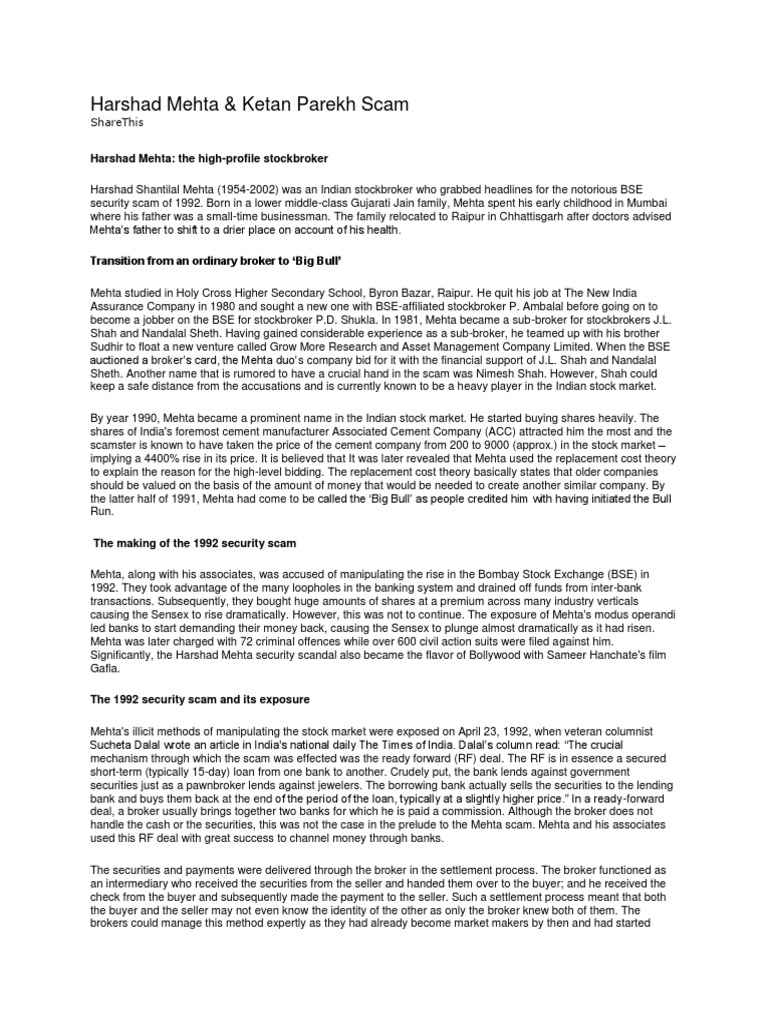 Harshad Mehta | Download Free PDF | Stocks | Corporations