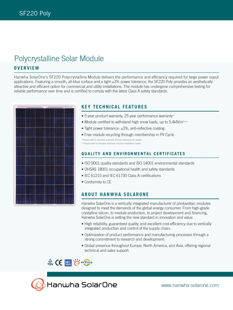 Hanwha SolarOne's SF220 PDF | PDF | Photovoltaics | Solar Panel
