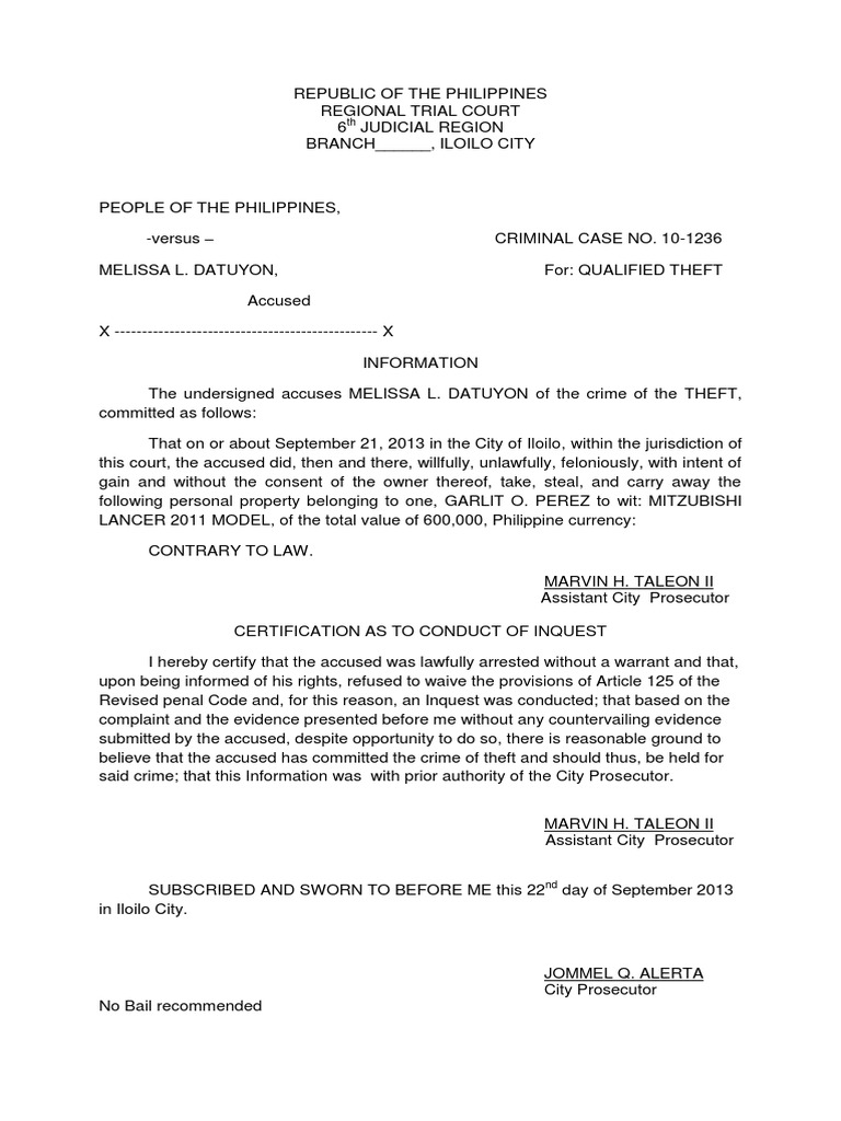 Information For Qualified Theft | PDF | Prosecutor | Theft