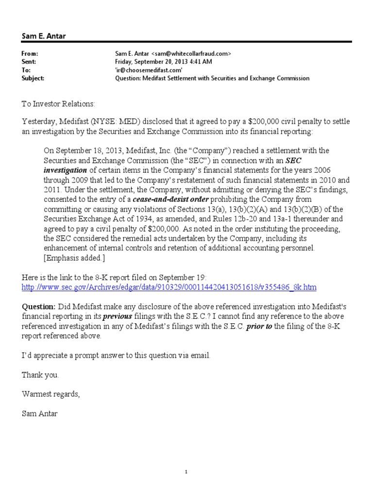 2013 09-20 Sam Antar Email To Medifast | PDF | U.S. Securities And ...