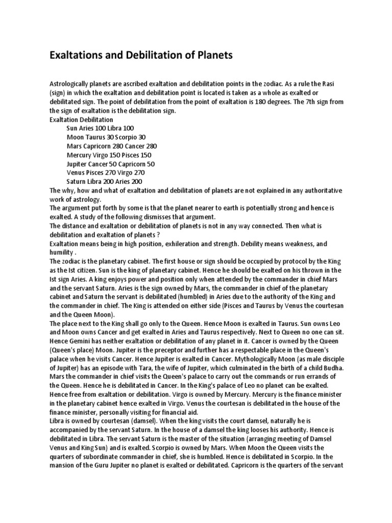 Exaltations and Debilitation of Planets | PDF | Astrological Sign ...