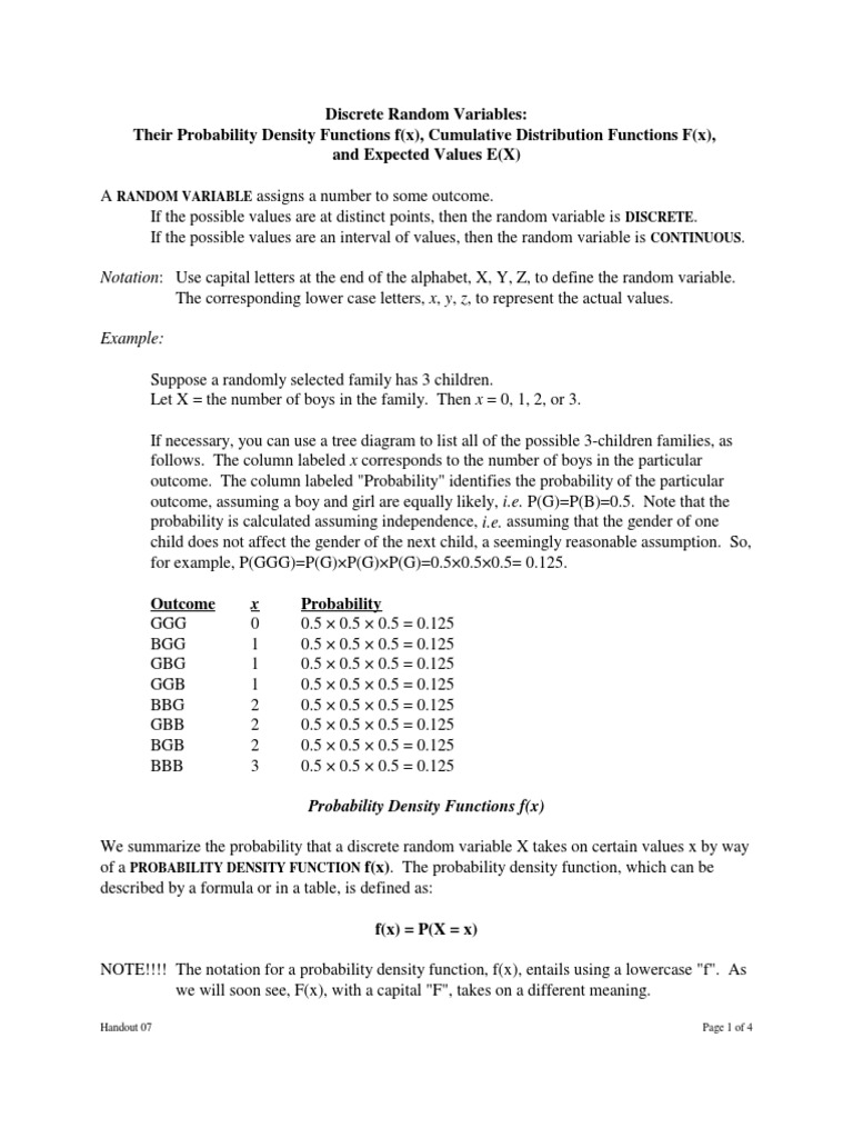 Discrete Random Variables: Their Probability Density Functions F (X ...