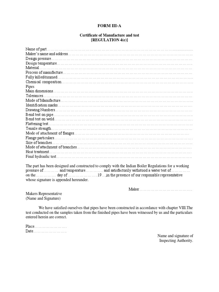 IBR Form III-A Certificate of Manufacture | PDF | Technology & Engineering