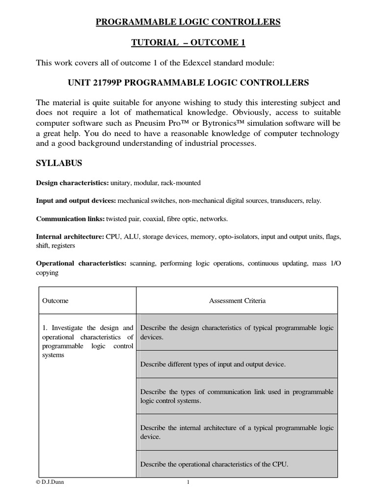 Programmable Logic Controllers Tutorial - Outcome 1: D.J.Dunn 1 | PDF ...