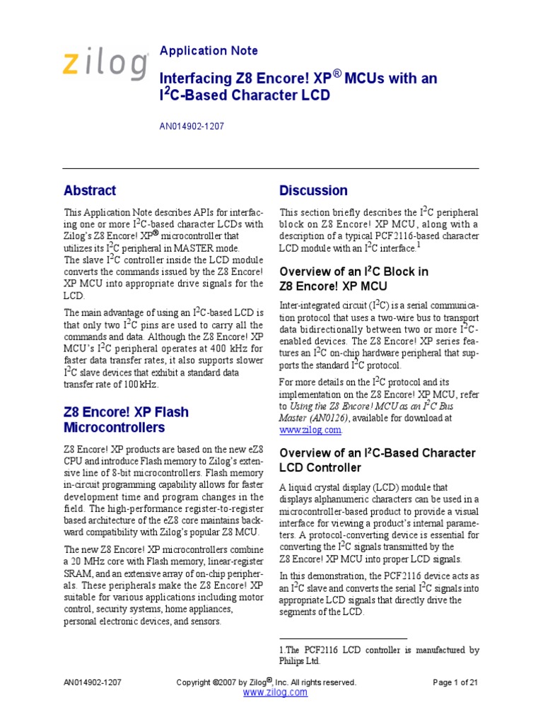 Interfacing Z8 Encore! XP Mcus With An I C-Based Character LCD | PDF ...