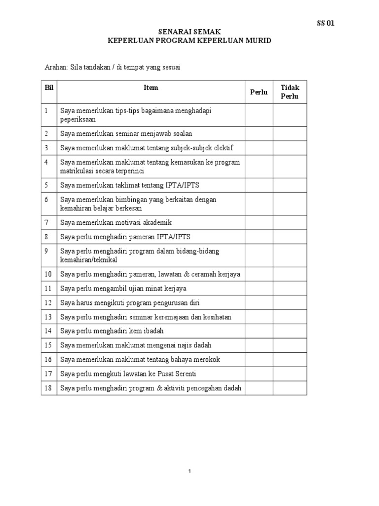 Ss01 Senarai Semak Keperluan Program Murid | PDF
