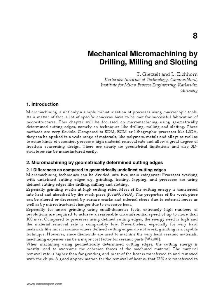 InTech-Mechanical Micromachining by Drilling Milling and Slotting | PDF | Machining | Sintering
