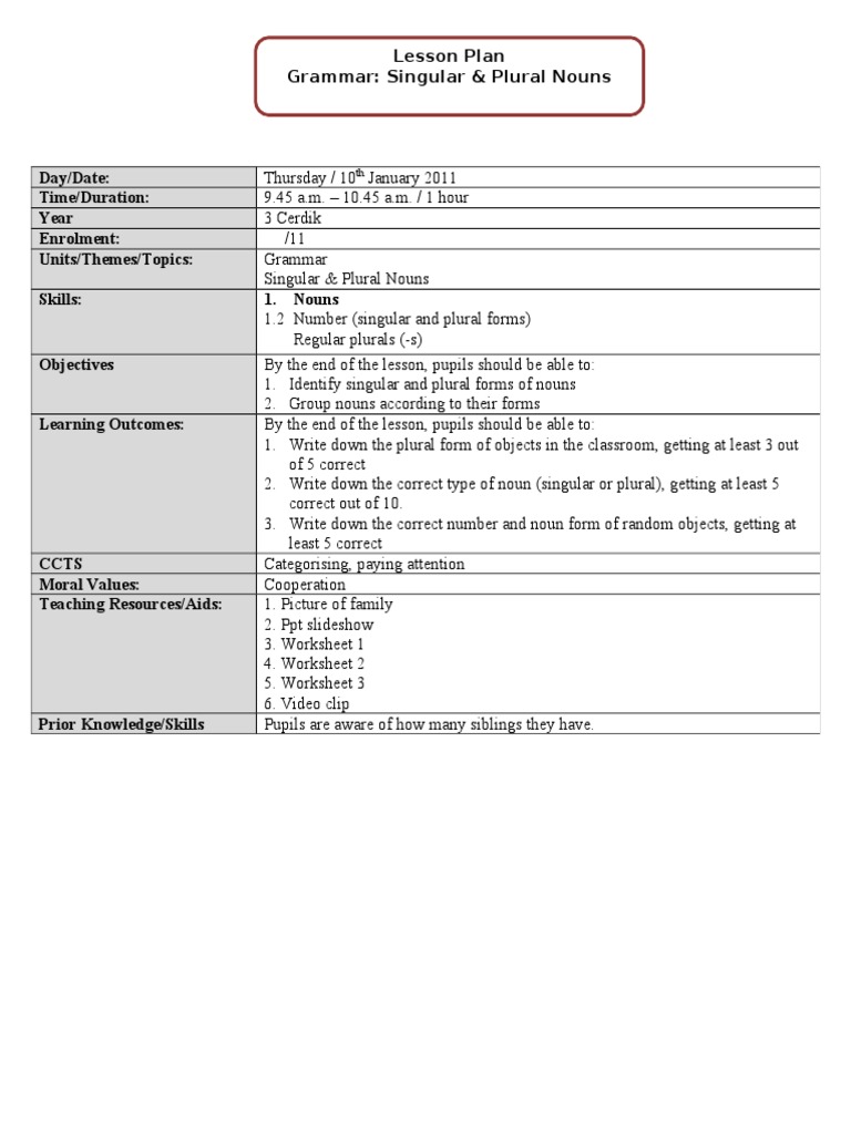 English Year3 Grammar Singular & Plural Nouns LP | PDF | Grammatical Number | Plural