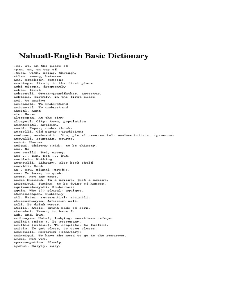 Nahuatl English Basic Dictionary The Original Language of The Aztec ...