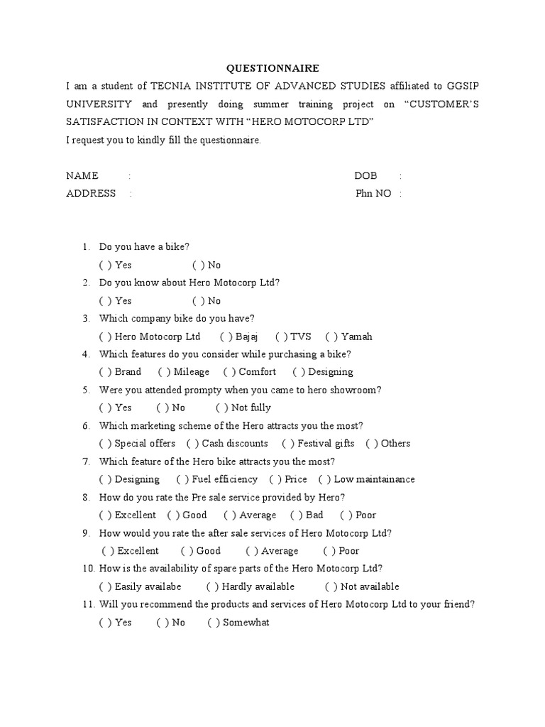 Customer Satisfaction Survey for Hero Motocorp | PDF | Business