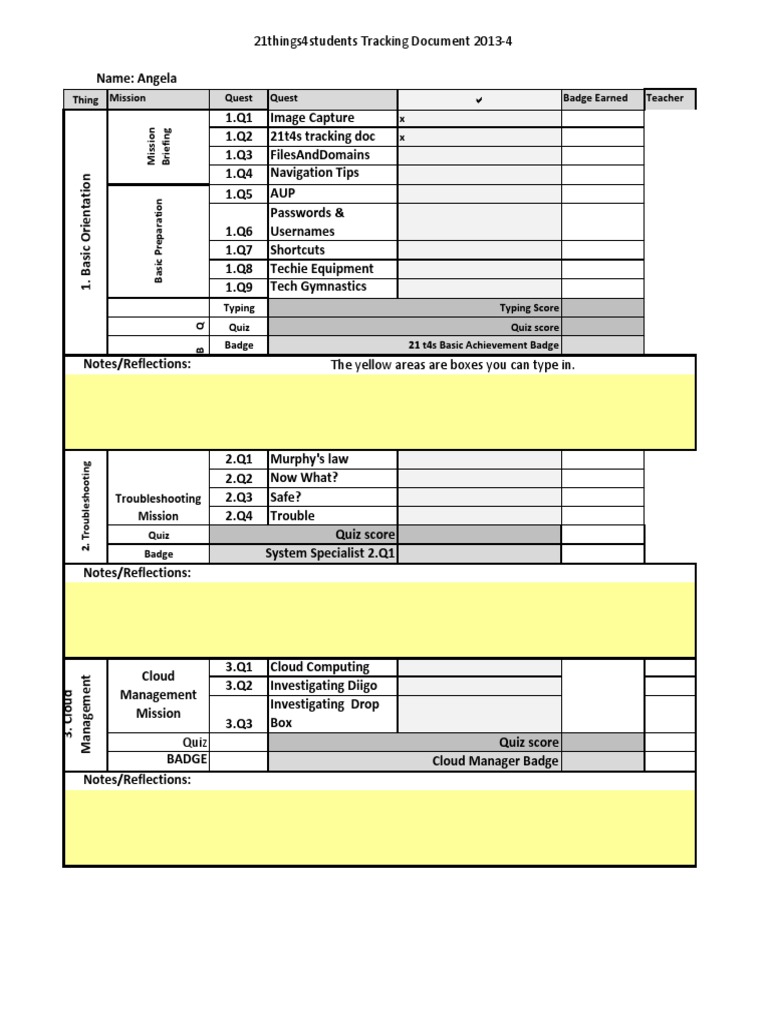 21things4students Tracking Document 2013-4: Thing Mission Quest Quest ...