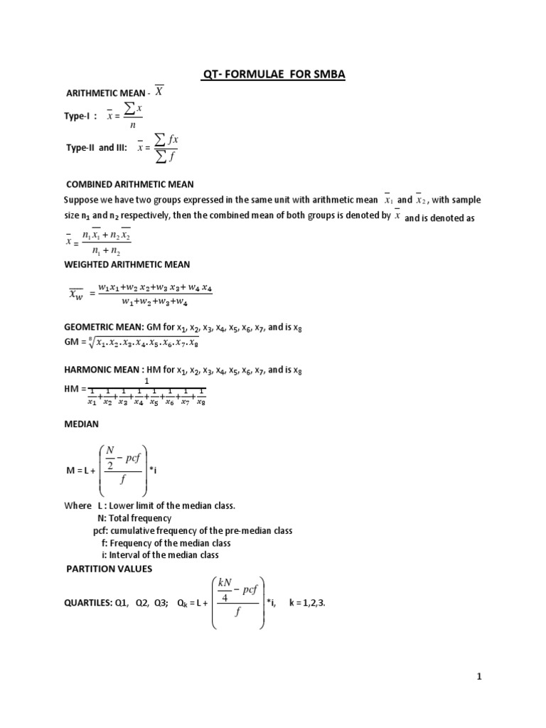 QT Formulae ONLY | PDF | Correlation And Dependence | Mean