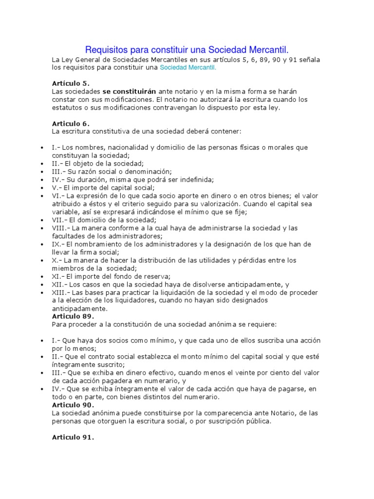 Requisitos para Constituir Una Sociedad Mercantil | PDF | Liquidación | Instituciones sociales
