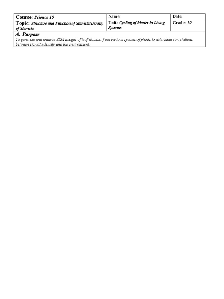Student Worksheet On Stomata | PDF | Stoma | Photosynthesis