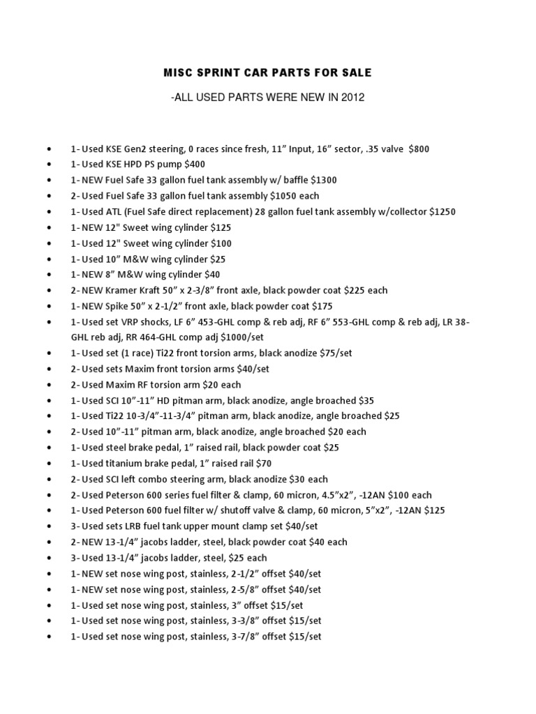 Misc Sprint Car Parts For Sale | PDF