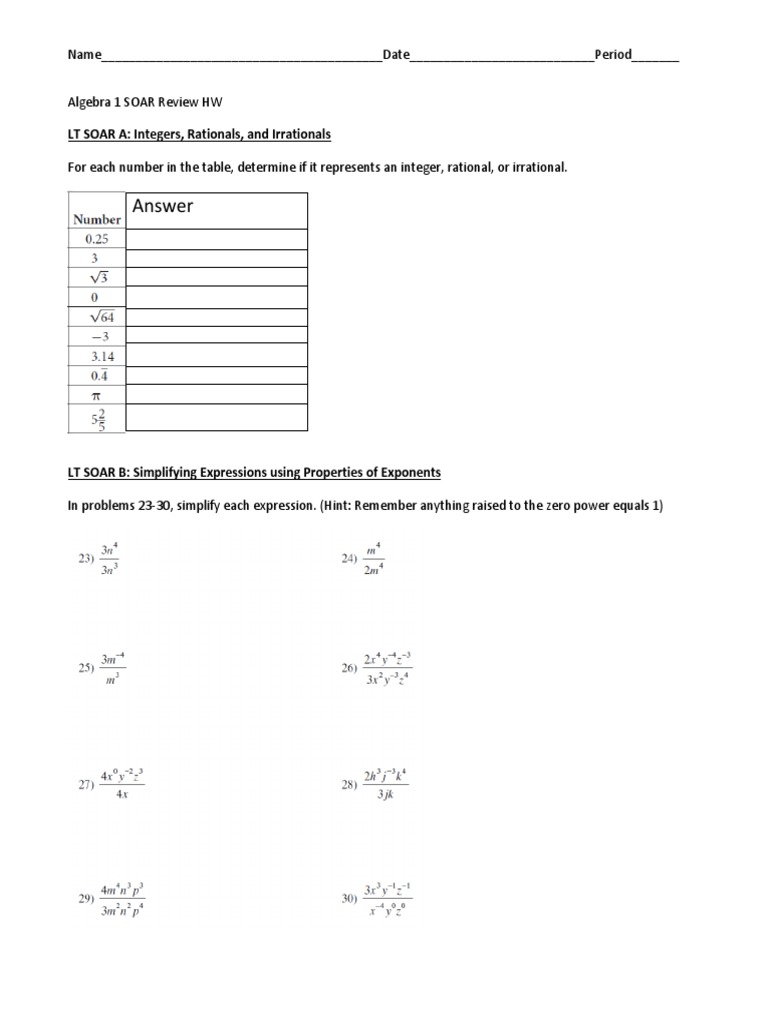 Algebra 1 SOAR Review Homework Guide | PDF