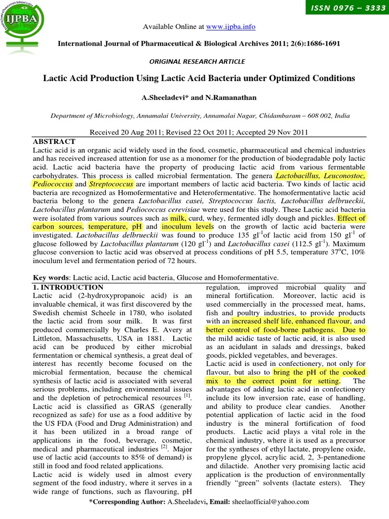 Lactic Acid Production Using Lactic Acid Bacteria Under Optimized ...