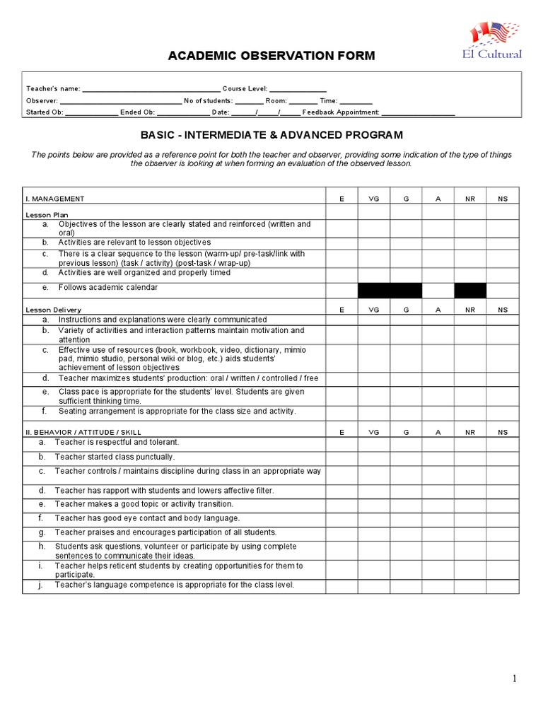 Academic Observation Format | PDF | Teachers | Reading Comprehension