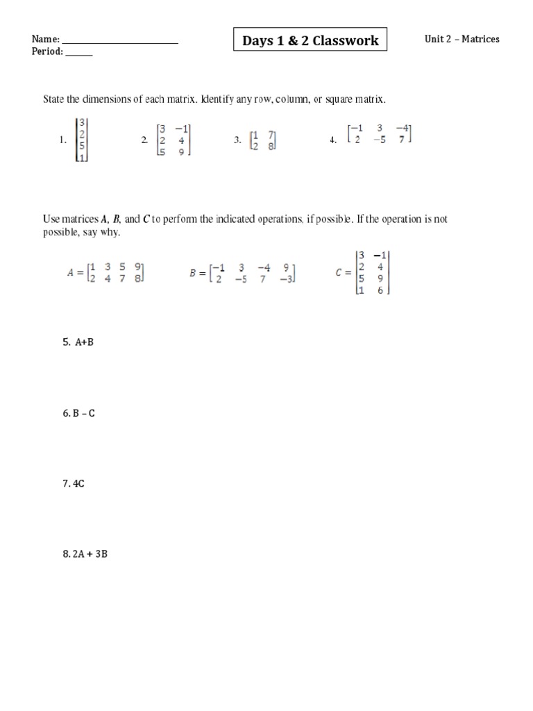 Matrix Operations Classwork Exercises | PDF