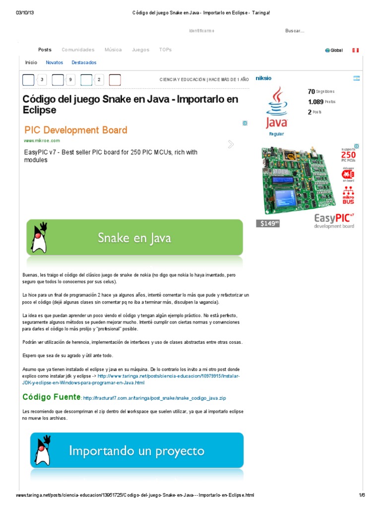 Código Del Juego Snake en Java - Importarlo en Eclipse - Taringa! | PDF | Eclipse (software ...