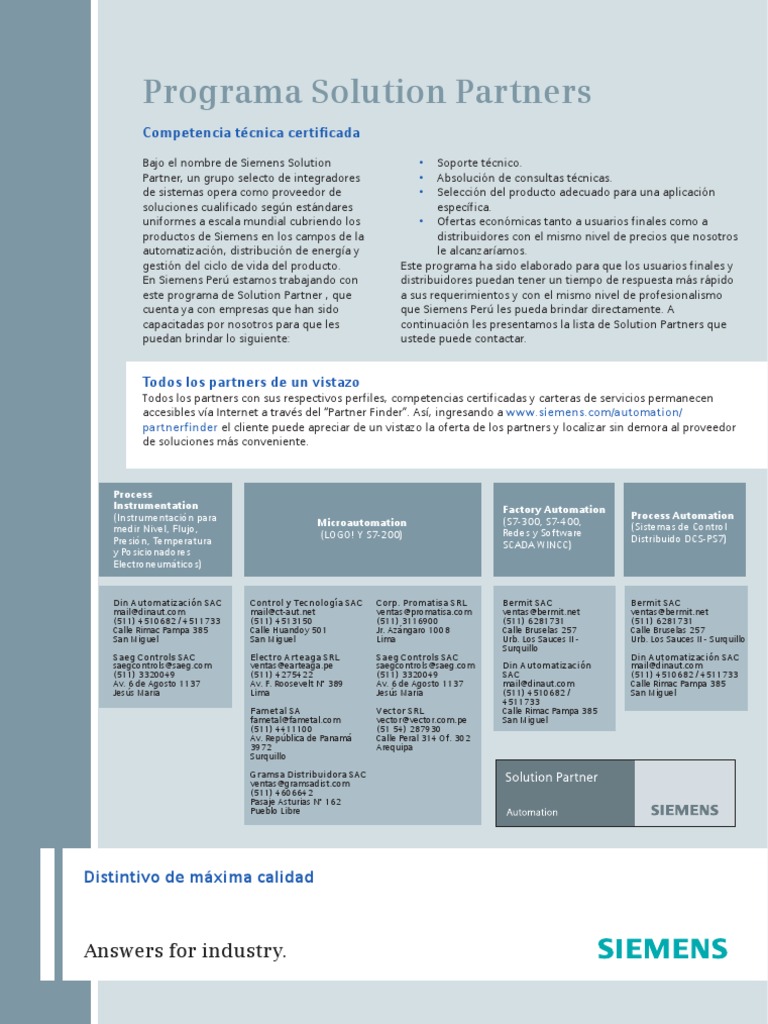 Distribuidores Industria y Solution Partners Siemens Perú | PDF ...