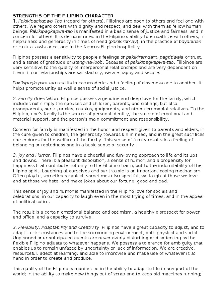 Strengths of The Filipino Character | PDF | Self Esteem | Interpersonal ...