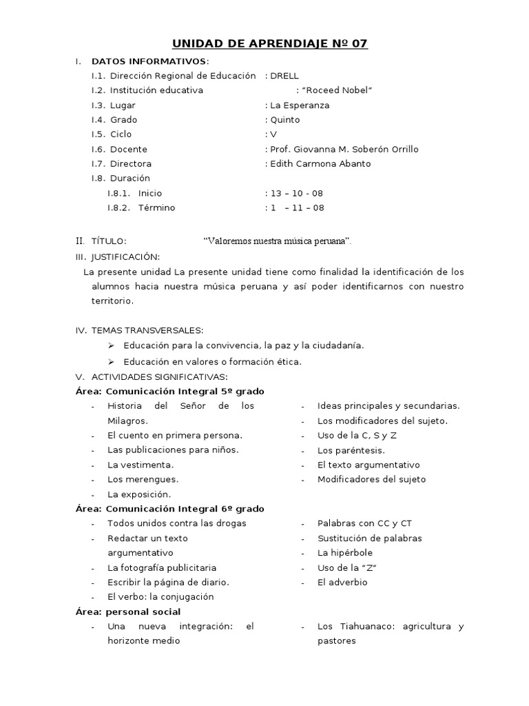 UNIDAD DE APRENDIAJE #7 - 5to Grado | PDF | Lectura (proceso) | Cultura ...