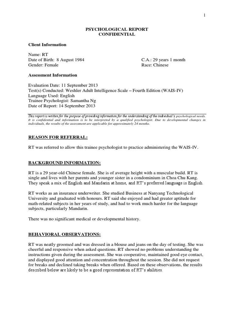 Psychological Report Assignment (Wais) | Wechsler Adult Intelligence ...