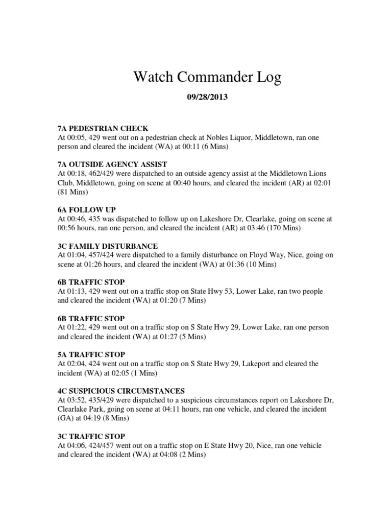 Lake County Sheriff's Watch Commander Logs | PDF | Traffic | Land Transport