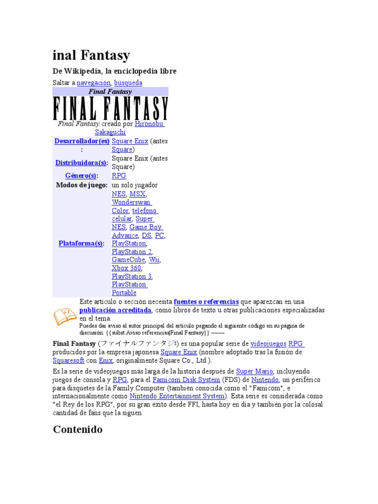 Final Fantasy | PDF | Fantasía Final | Square (Empresa)