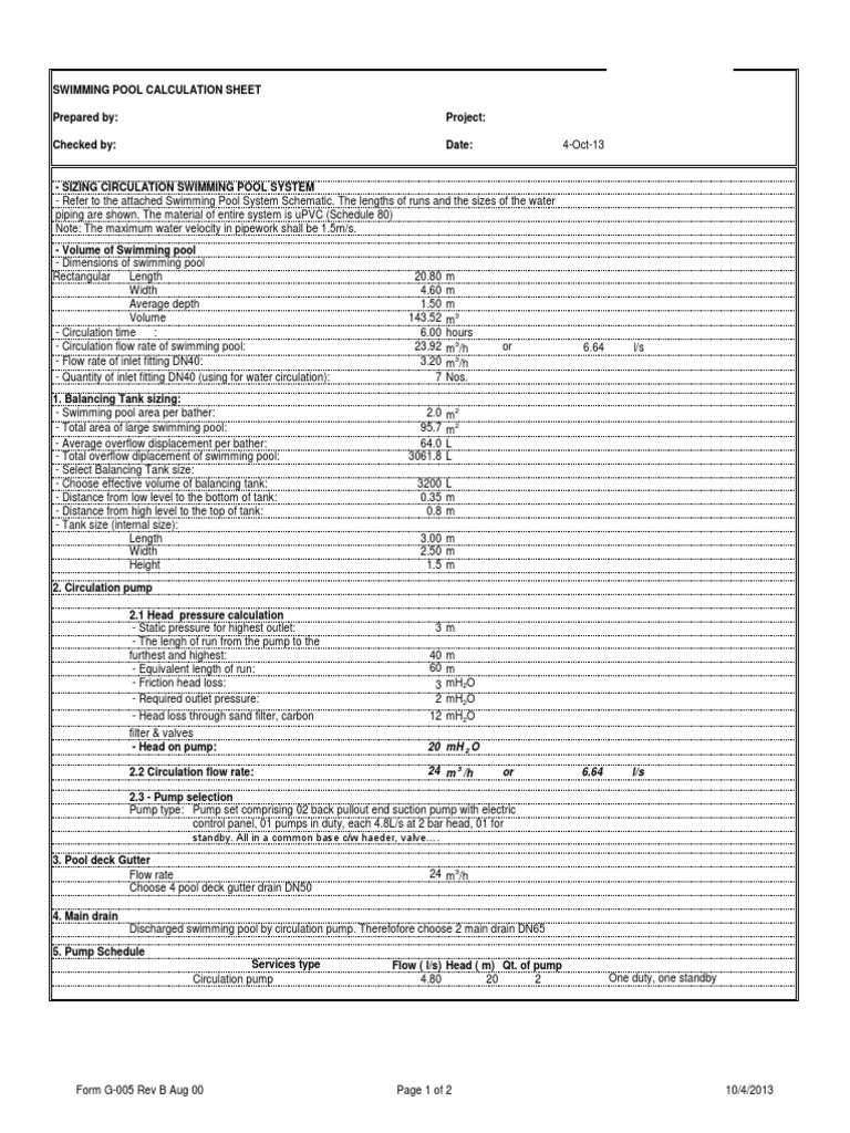 Swimming Pool Circulation System Sizing Sheet | PDF | Swimming Pool | Pump