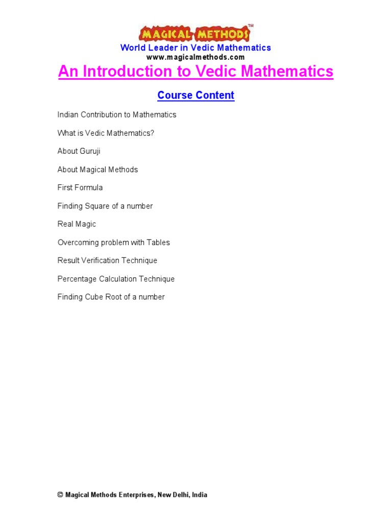 An Introduction To Vedic Mathematics: Course Content | PDF