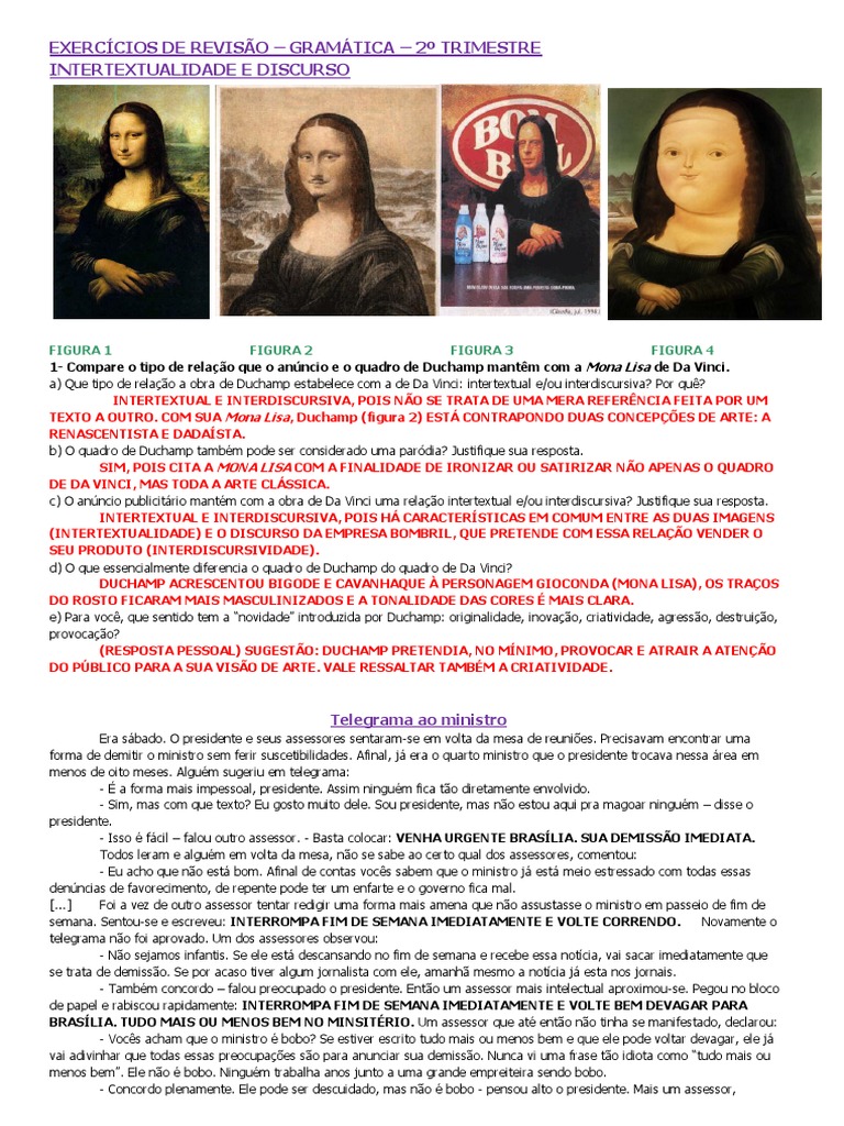 Intertexto e Interdiscurso - 2ºtrimestre - RESPOSTAS | PDF | Leonardo da Vinci