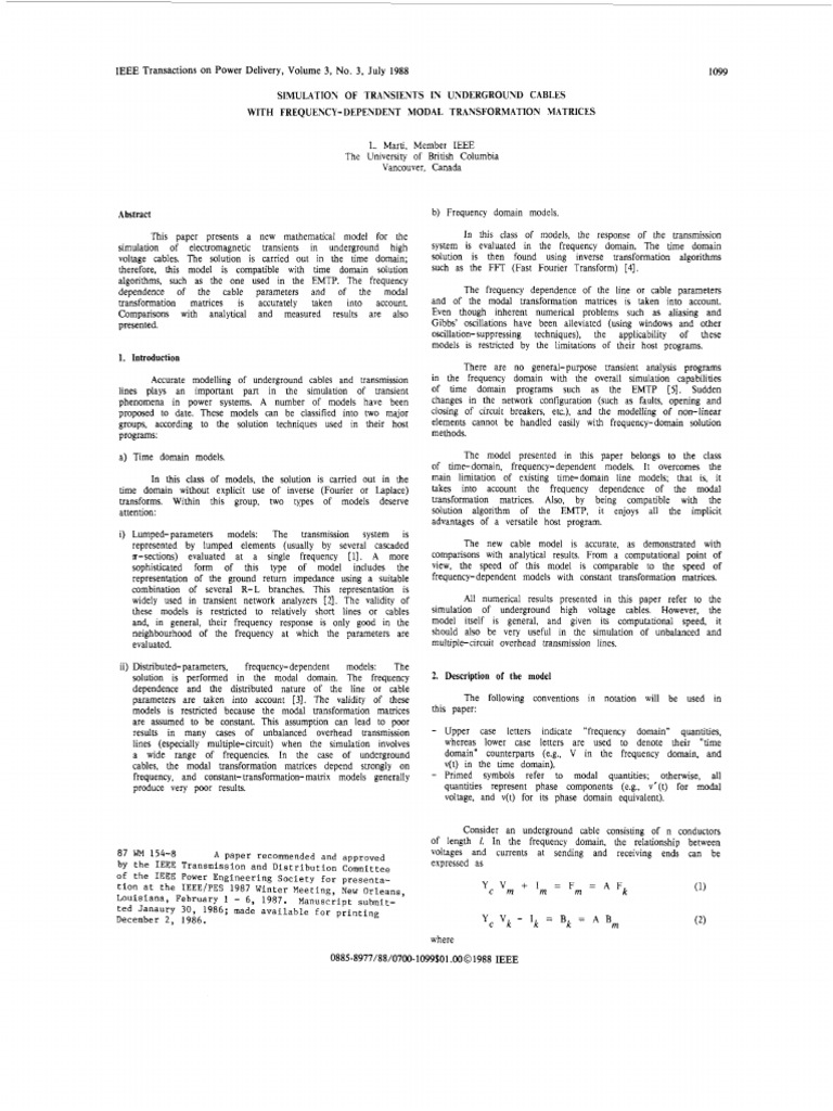 Simulation of Transients in Unerground Cables With Frequency Dependent ...