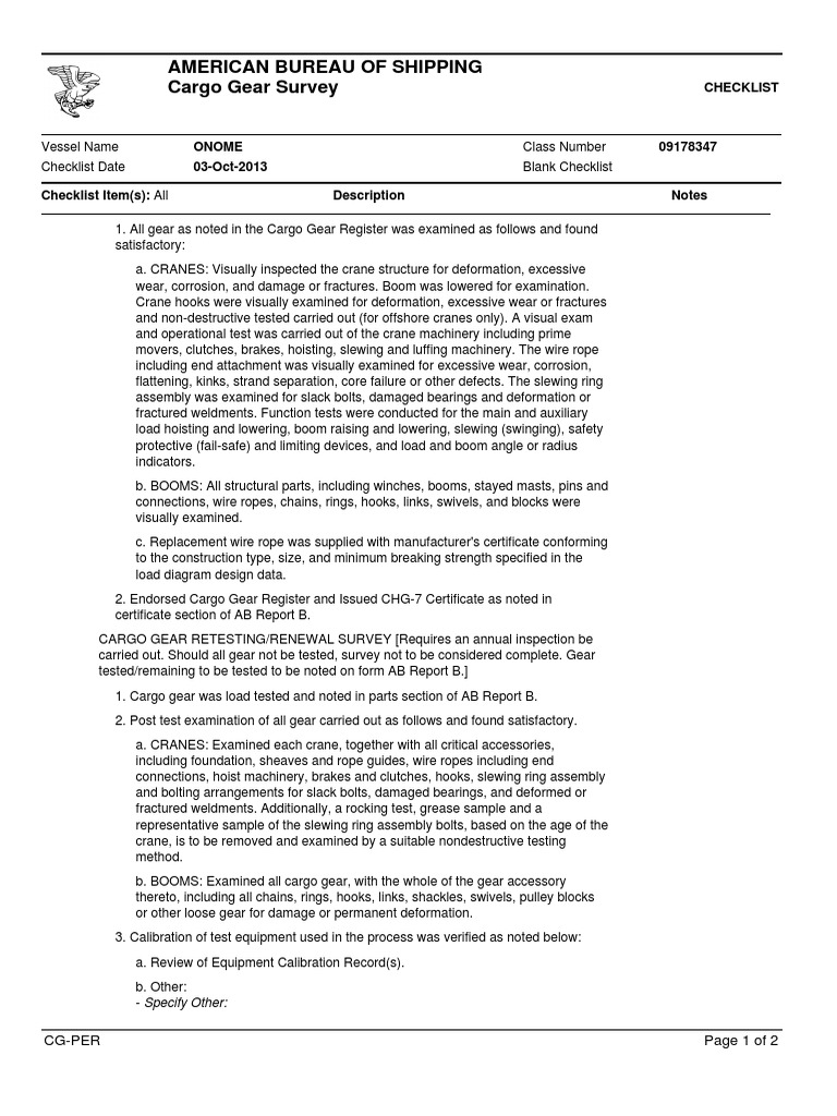 Cargo Gear Survey CHECKLIST | Crane (Machine) | Manufactured Goods