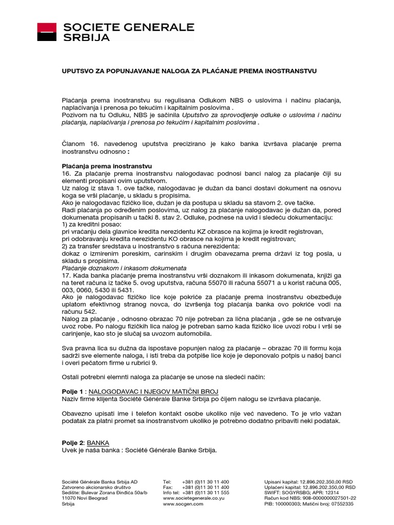 Obrazac 70 - Nalog Za Placanje U Inostranstvo - Uputstvo Za ...