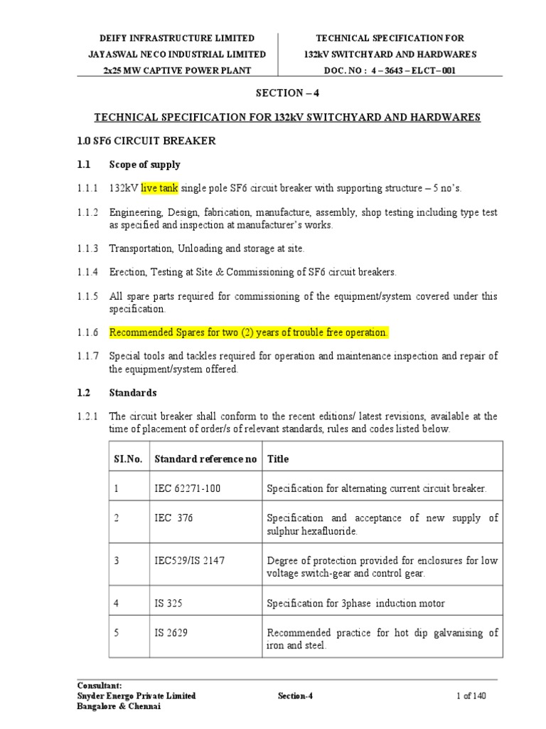 Section-4. Technical Specification For 220kv Switchyard | PDF | Switch | Electrical Substation
