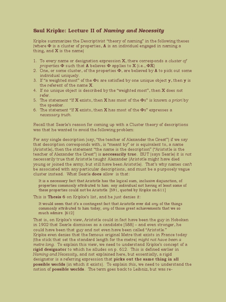 Kripke - Naming and Necessity Summary | PDF | Logic | Contemporary Philosophy