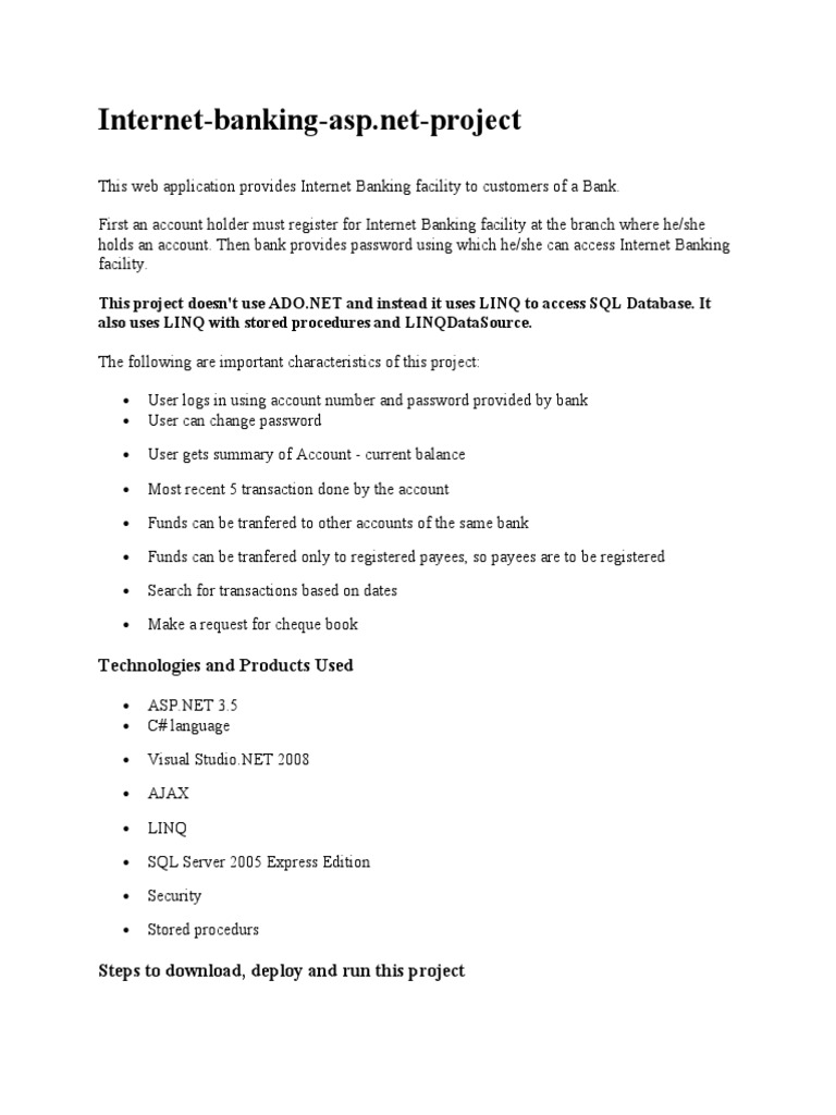 Internet Banking ASP.NET Project Guide | PDF