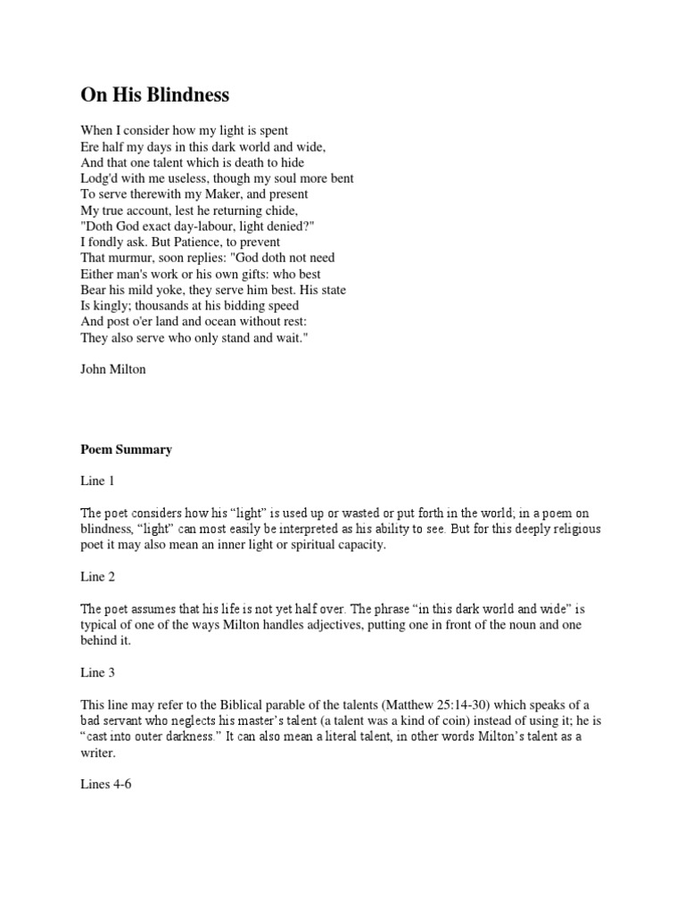 On His Blindness Summary | PDF | Religious Belief And Doctrine ...
