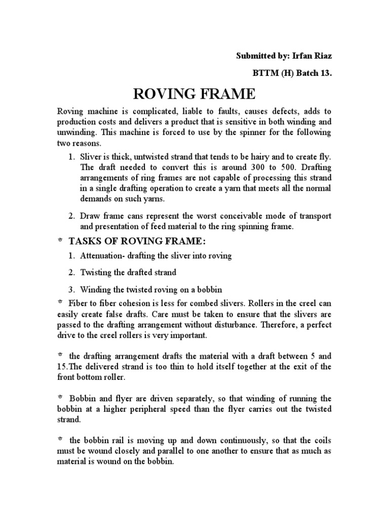 Roving Frame | PDF | Spinning (Textiles) | Mechanical Engineering