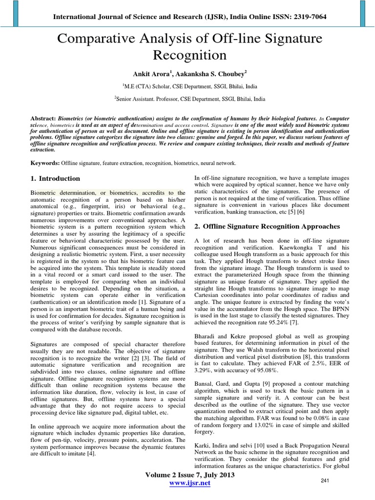 Comparative Analysis Of Off Line Signature Recognition Biometrics Artificial Intelligence