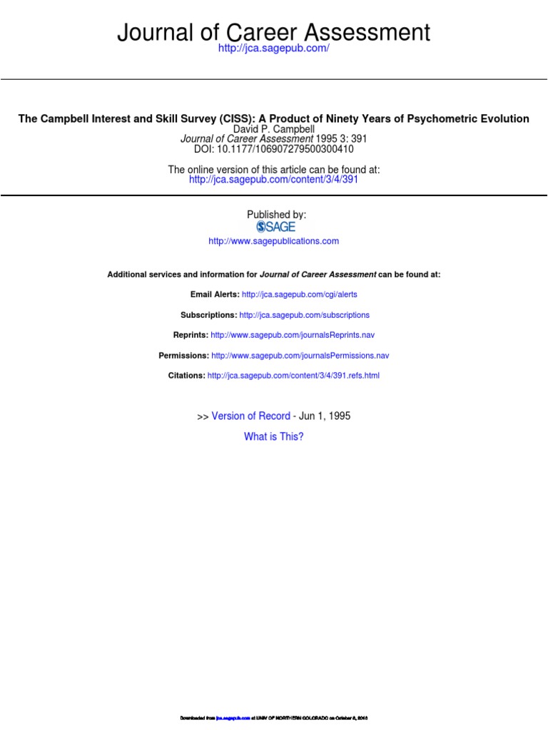 The Campbell Interest and Skill Survey (CISS) : A Product of Ninety ...