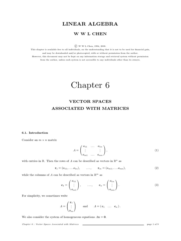 Linear Algebra Chapter 6 - Vector Spaces Associated With Matrices | Download Free PDF | Linear ...