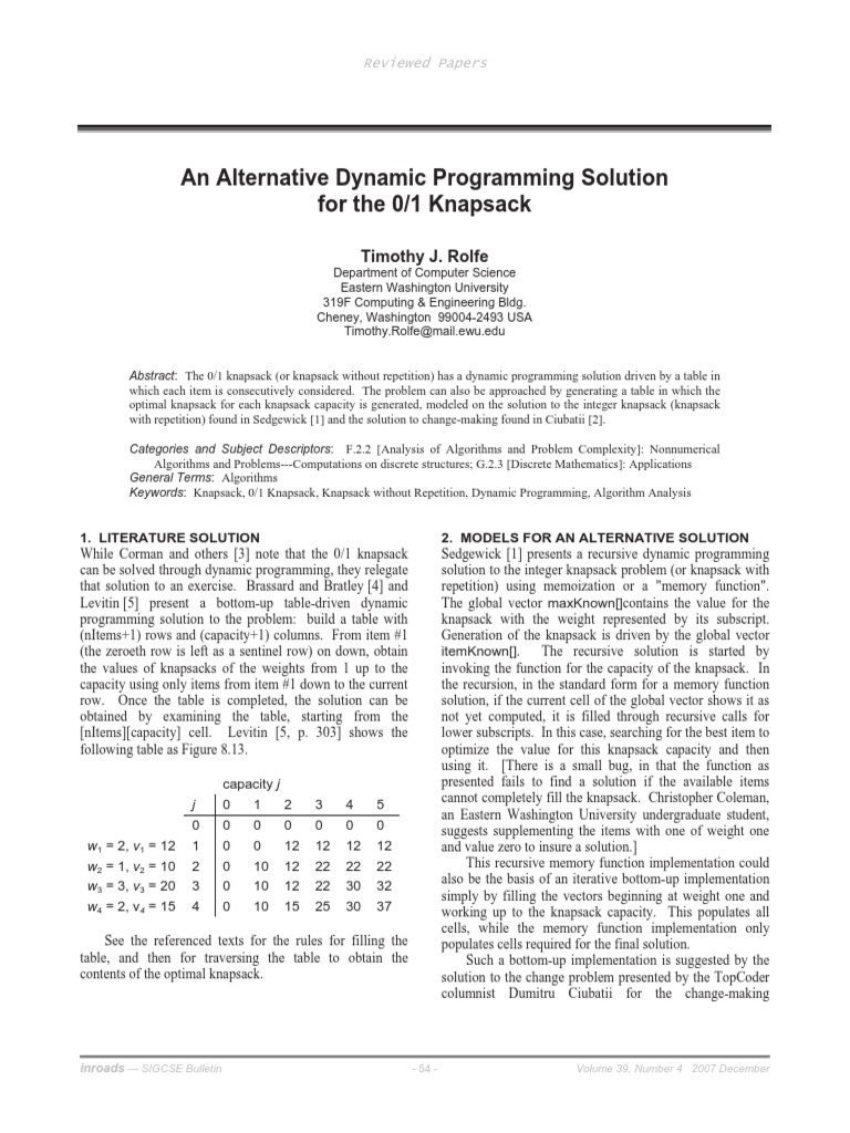 An Alternative Dynamic Programming Solution For The 01 Knapsack | PDF ...