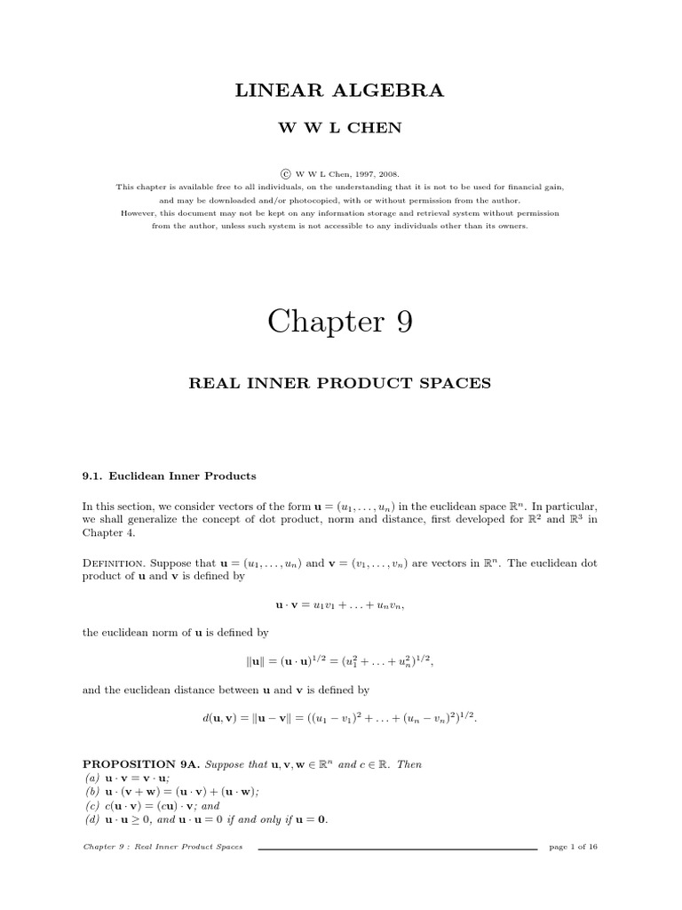 Linear Algebra Chapter 9 - Real Inner Product Spaces | Download Free PDF | Basis (Linear Algebra ...