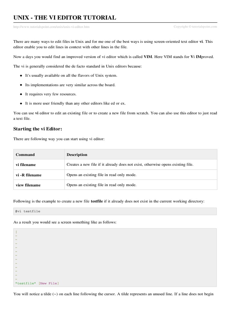 Unix - The Vi Editor Tutorial | PDF